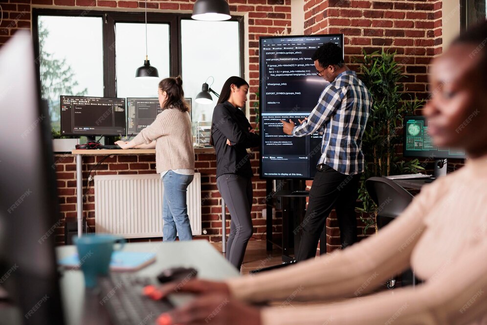 Premium Photo Tech Enginners Using Binary Code To Script Security System Programming Firewall 