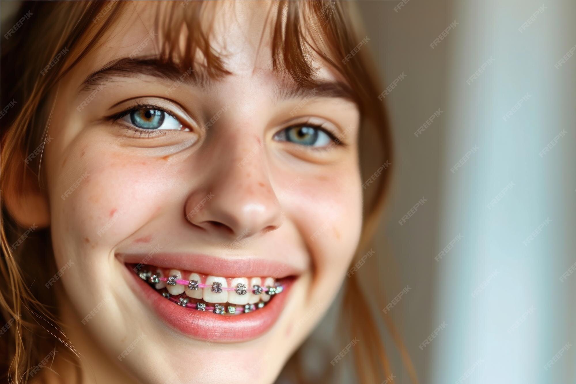 Premium Photo Teenaged Woman With Braces Smiling Mouth Close Up The