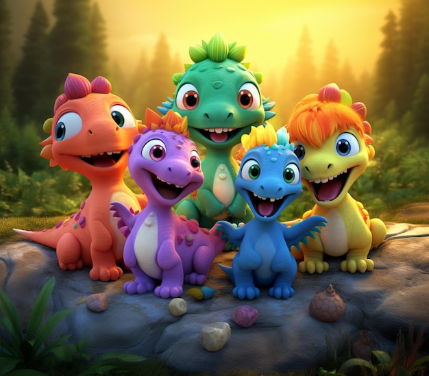 Premium AI Image | there are five dinosaurs sitting on a rock in the ... Premium AI Image | there are five dinosaurs sitting on a rock in the ...