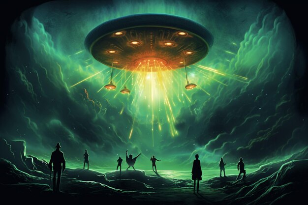 Premium AI Image | There are people standing in front of a large alien ... Premium AI Image | There are people standing in front of a large alien ...