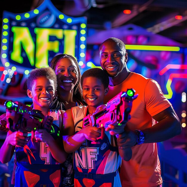 There are three people posing for a picture with a nerf gun generative ... There are three people posing for a picture with a nerf gun generative ...