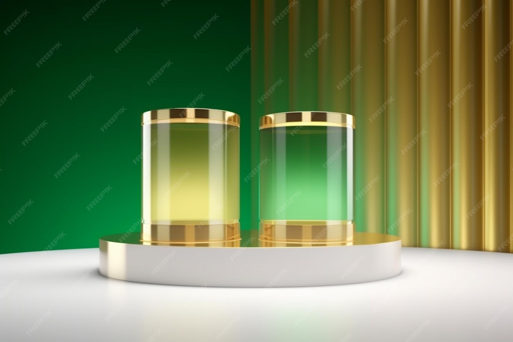 Premium Photo There Are Two Glass Cylinders On A White Pedestal With Gold Trim Generative Ai