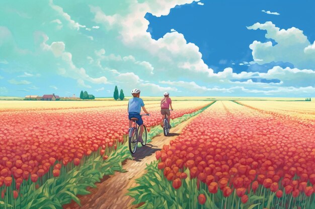 Premium Ai Image There Are Two People Riding Bikes Through A Field Of