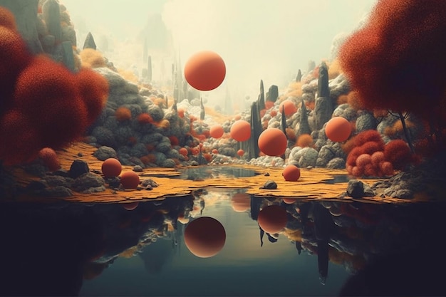 Premium AI Image | There is a picture of a surreal scene with a river ... Premium AI Image | There is a picture of a surreal scene with a river ...