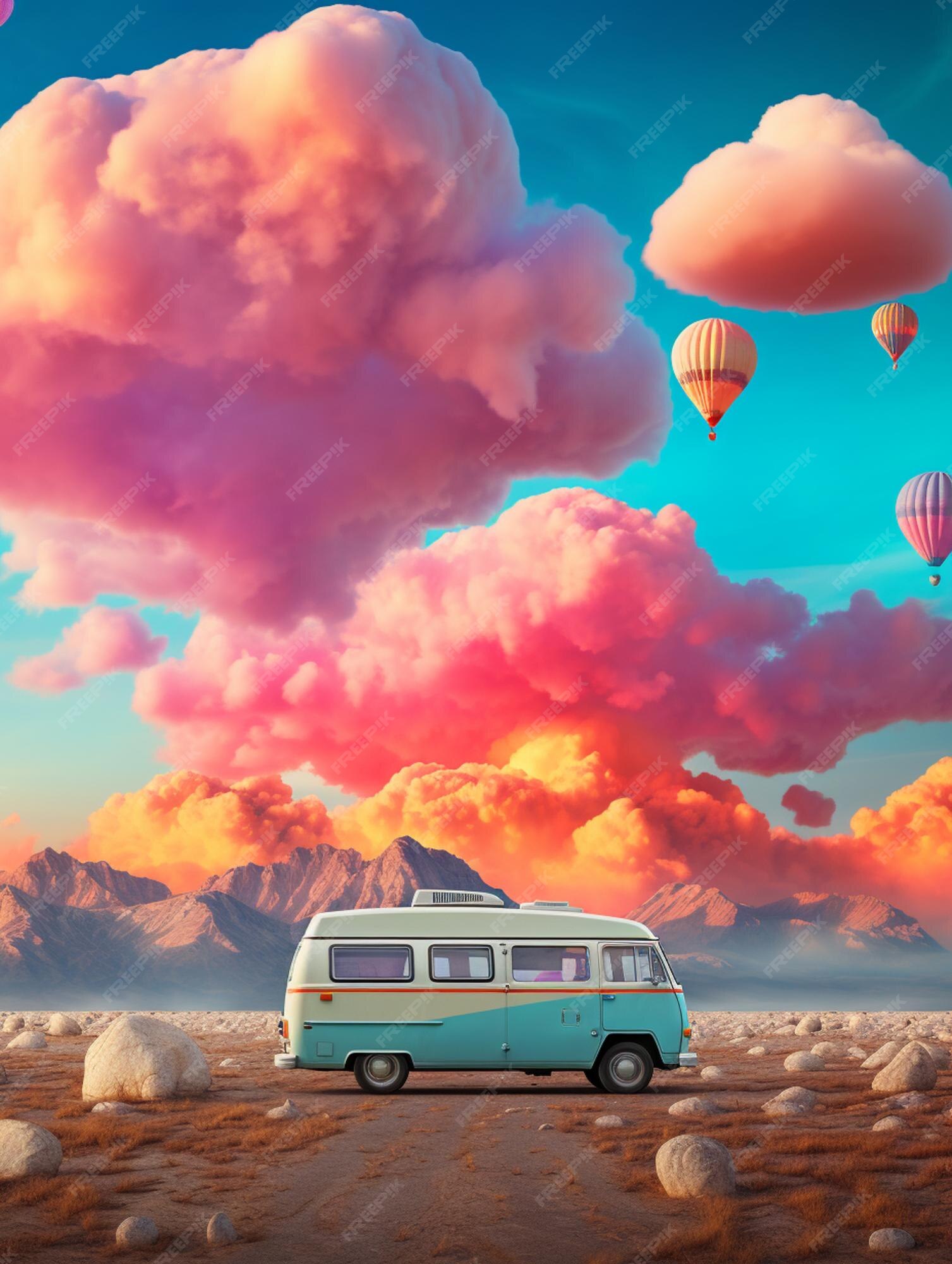 Premium Photo There Is A Van That Is Driving Through The Desert With Hot Air Balloons