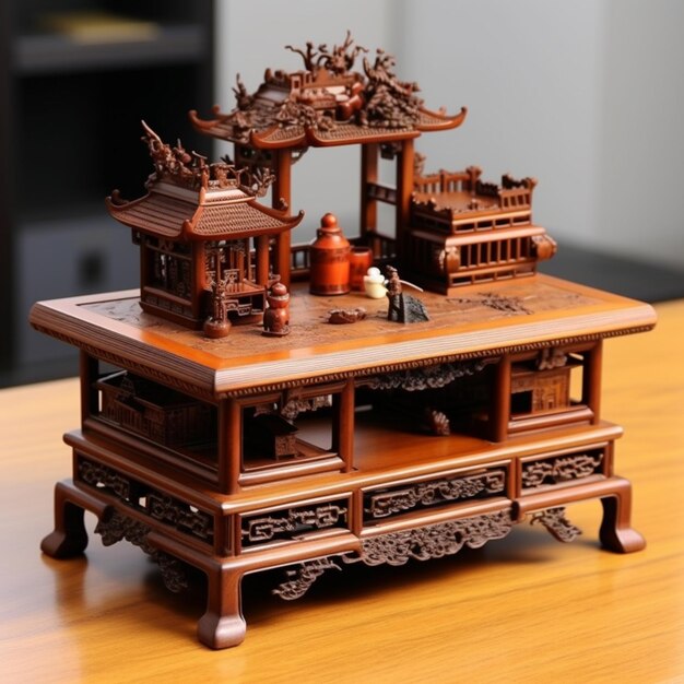 Premium AI Image | there is a wooden table with a small wooden ... Premium AI Image | there is a wooden table with a small wooden ...