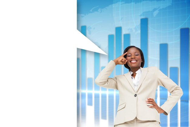 Premium Photo Thinking Businesswoman With Speech Bubble Against Global Business Graphic In Blue