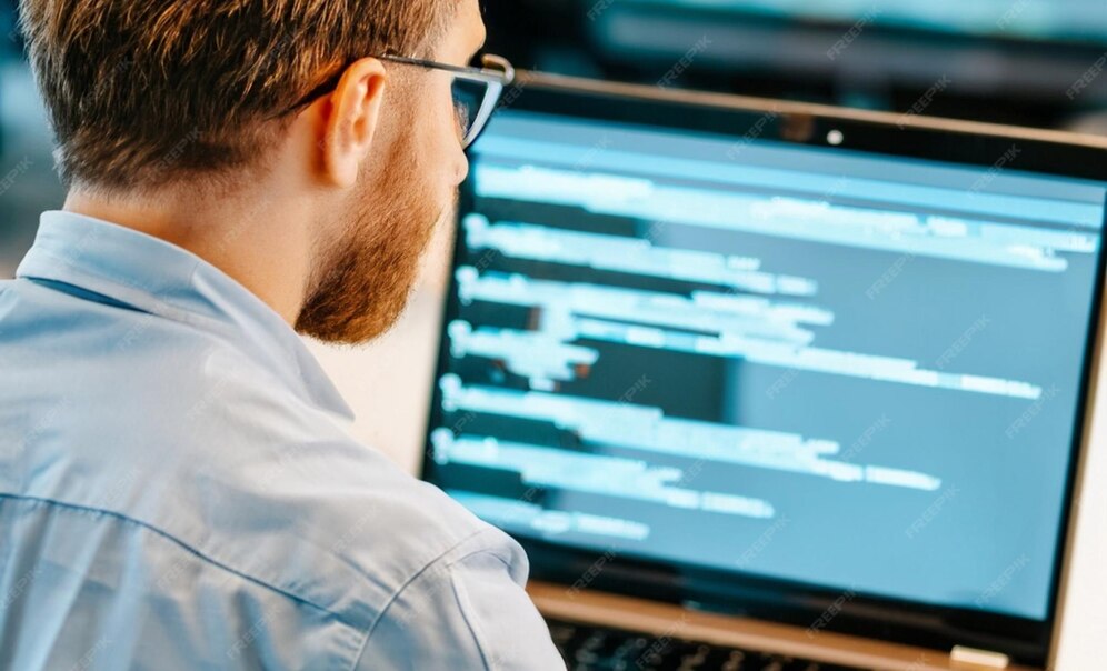 Thinking code and man with tablet data analysis digital technology and ...