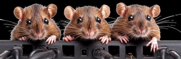 Three adorable brown mice peek over power strip showcasing their ... Three adorable brown mice peek over power strip showcasing their ...