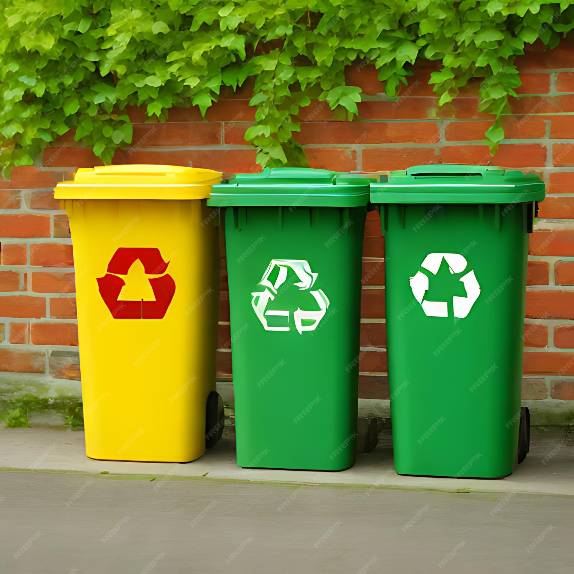Premium Photo Three Green And Yellow Bins With One That Says Recycle
