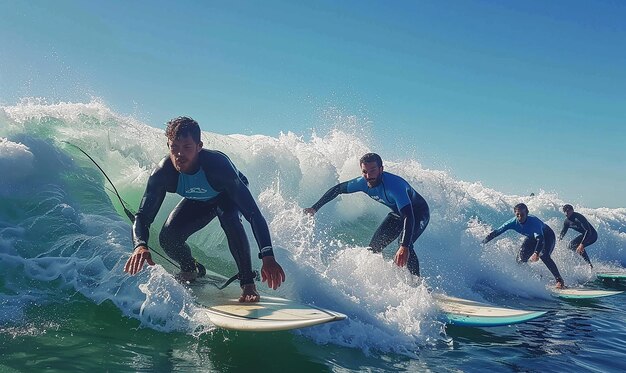 Three Men On Surfboards Riding A Wave In The Ocean Premium Ai