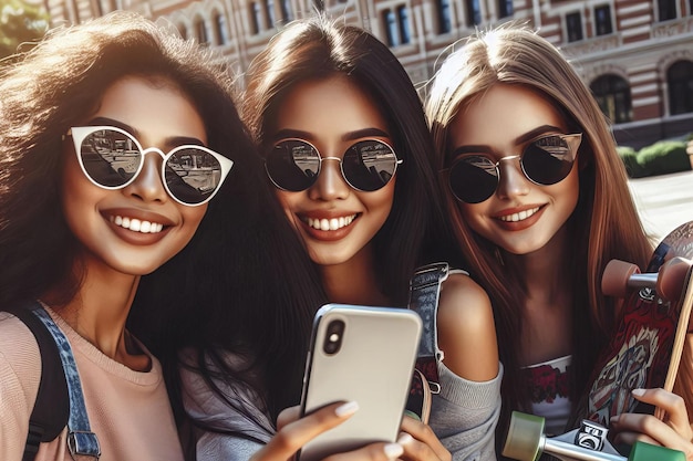 Three Women Are Smiling And Holding Up Their Cell Phones Taking A
