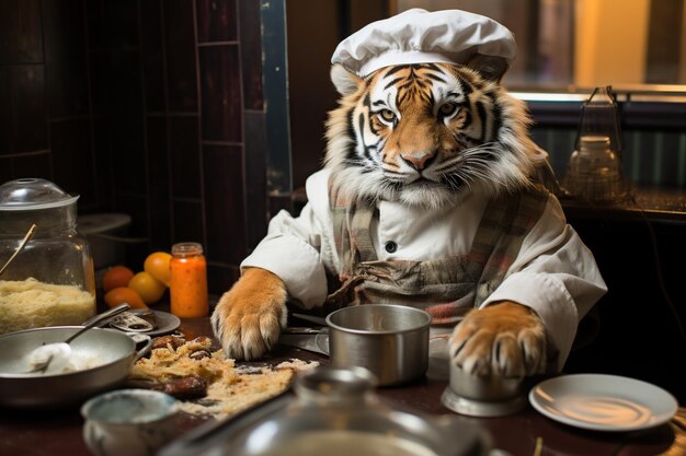 Premium AI Image | Tiger dressed as culinary master chef cook Premium AI Image | Tiger dressed as culinary master chef cook