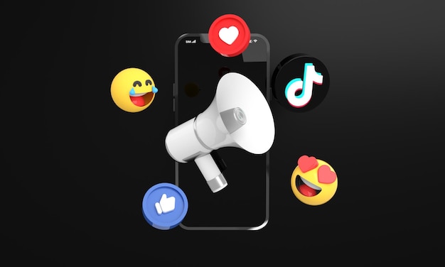 디지털 및 소셜 미디어 마케팅 배경을 위한 3d 확성기가 있는 Tiktok 아이콘 및 로고 프리미엄 사진