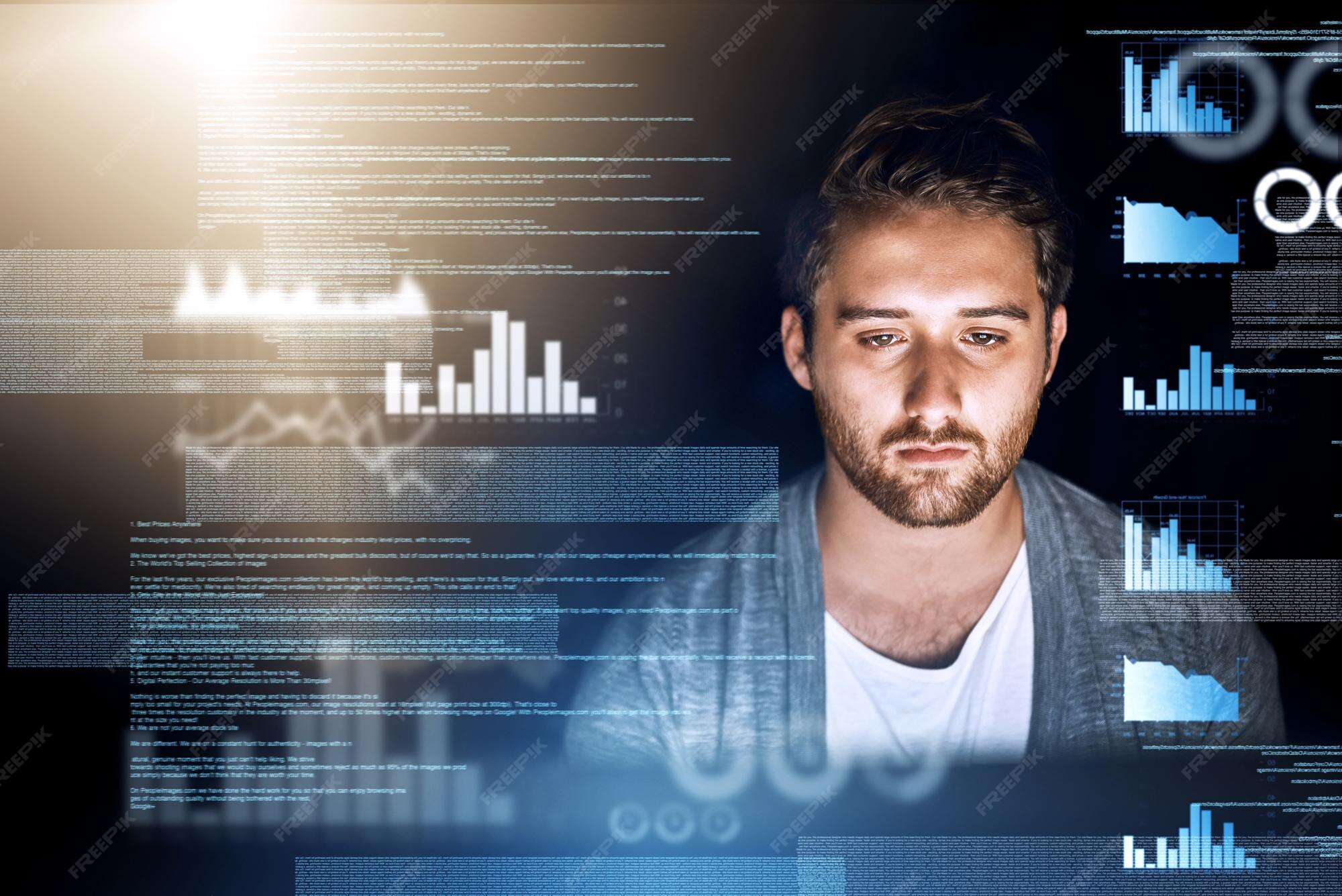 Premium Photo | Tired programmer and coding with statistics overlay for fintech app or reporting ...
