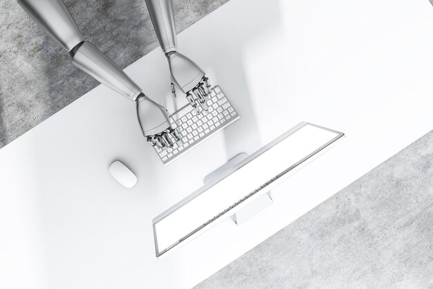 Premium Photo | Top view of gray robot hands typing on computer ...