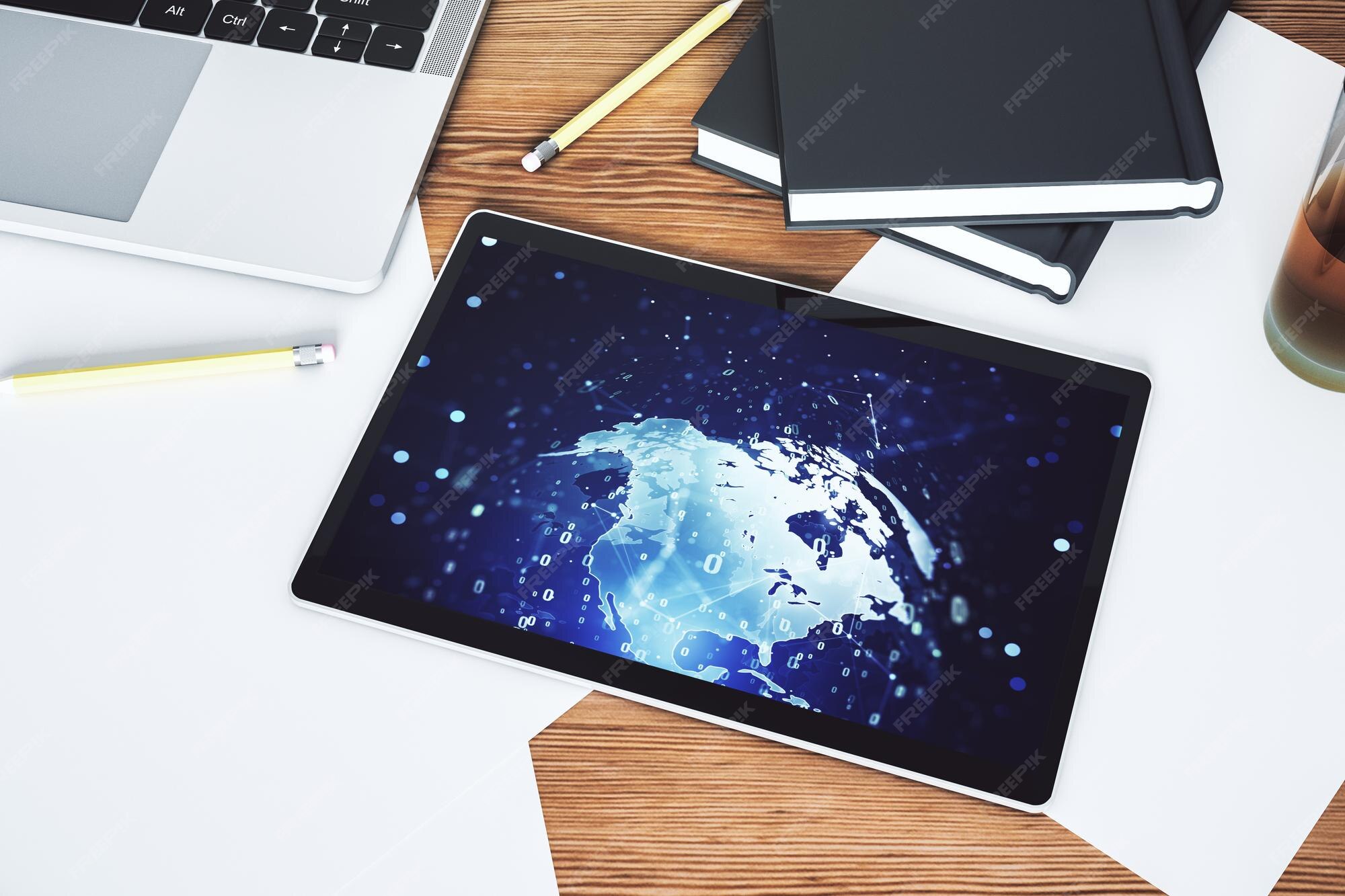 Premium Photo | Top view of modern digital tablet monitor with abstract ...