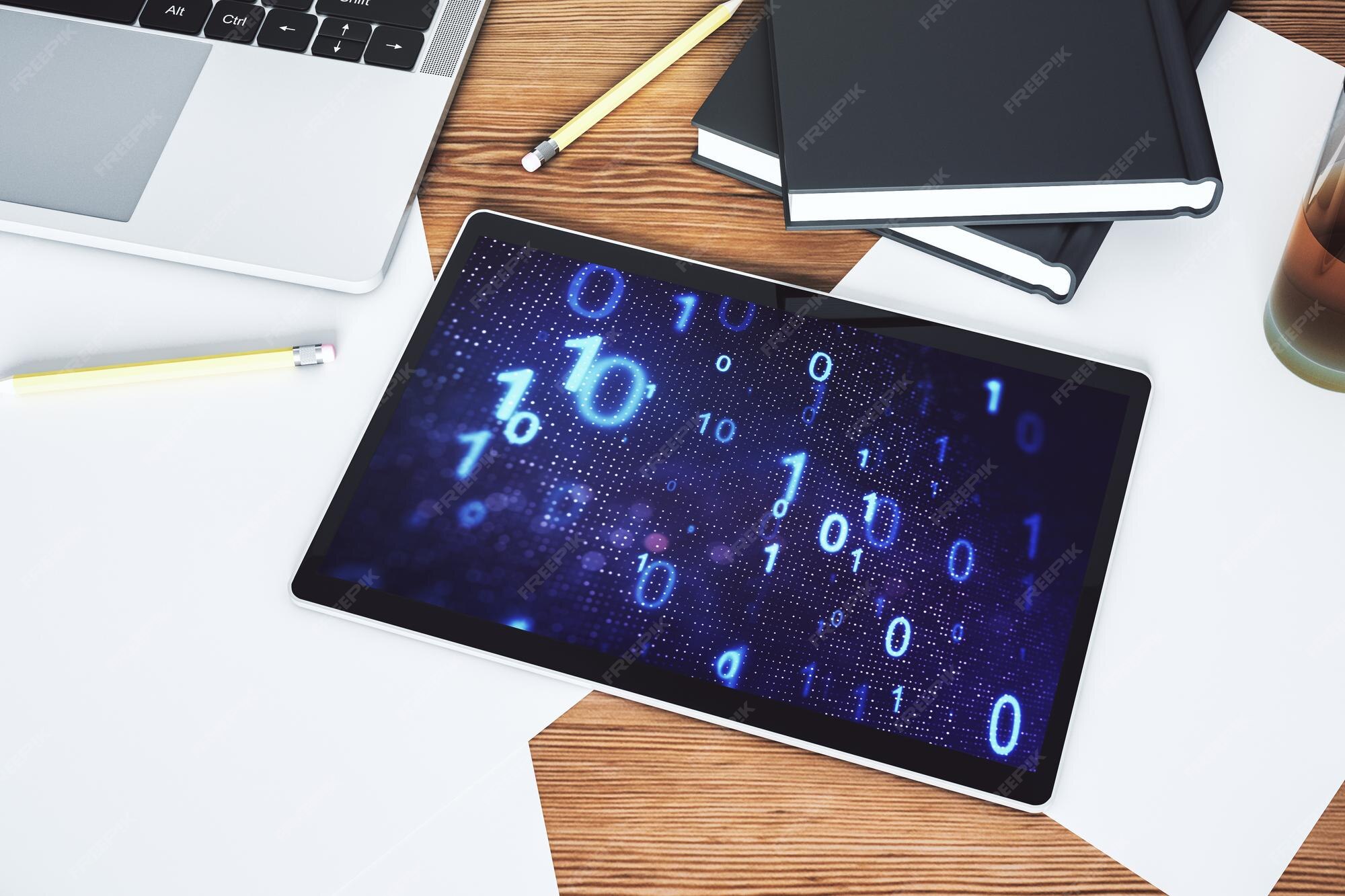 Premium Photo | Top view of modern digital tablet monitor with creative abstract binary code ...