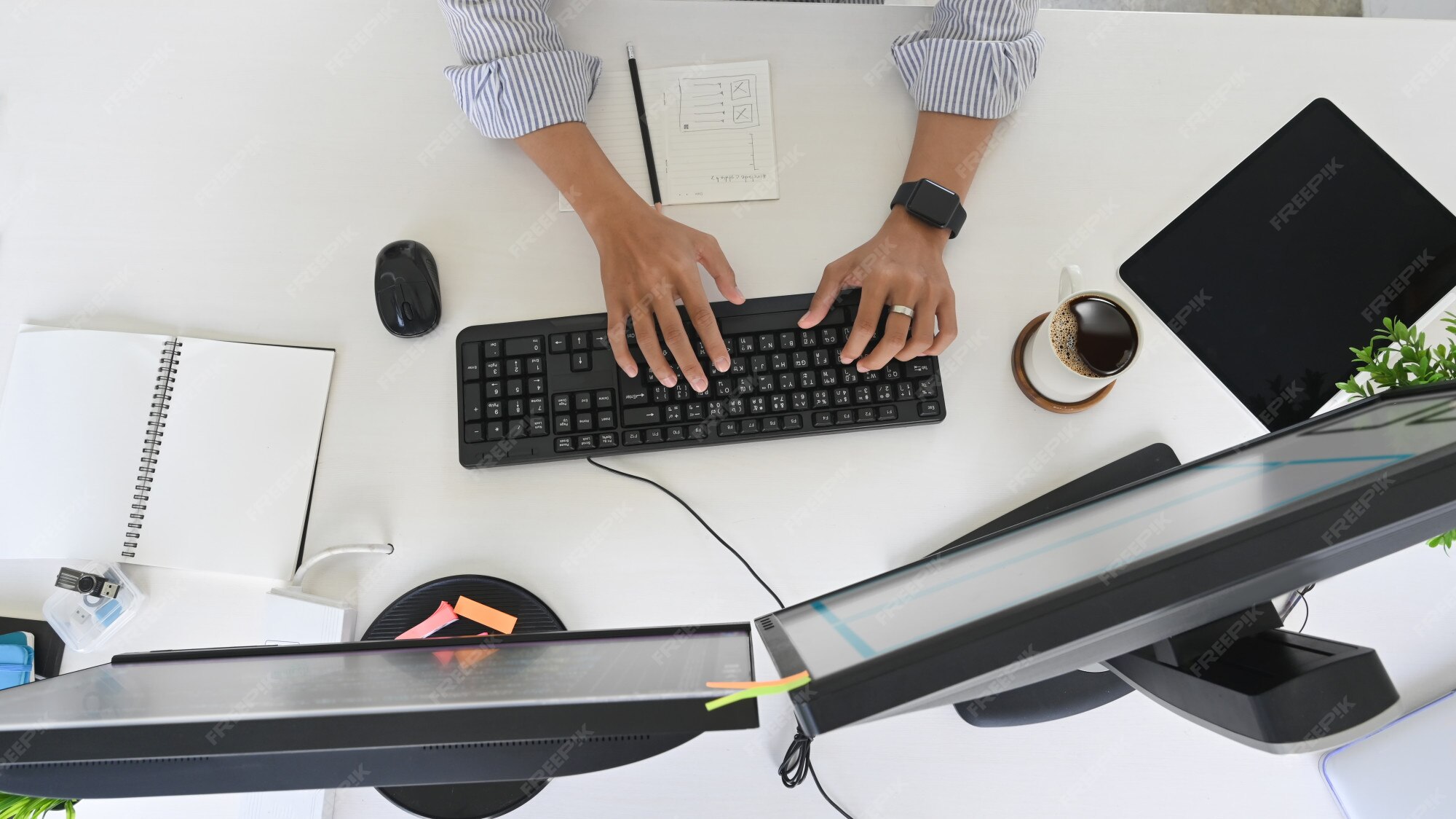 Premium Photo | Top view programmer working on developer space with ...