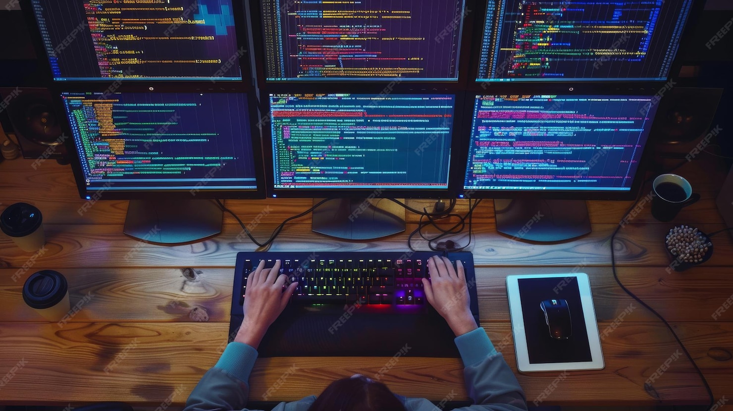 A topdown view of a programmeris workstation with multiple monitors ...