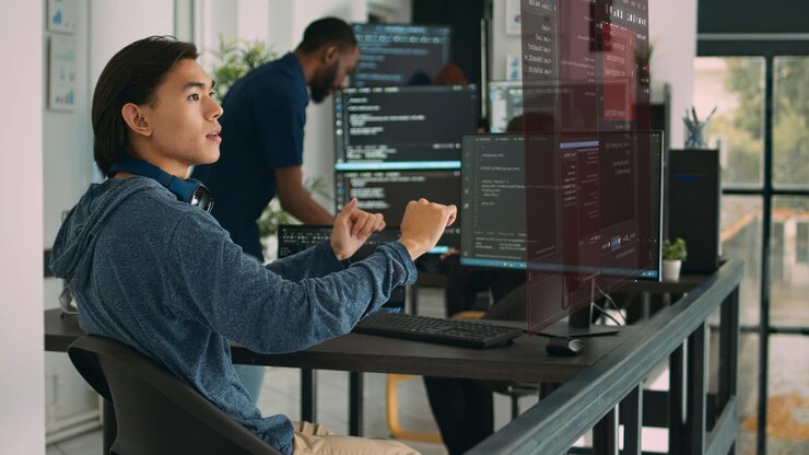 Premium Photo Trained Developers Helped By Ar Technology To Visualize Script In Multiethnic