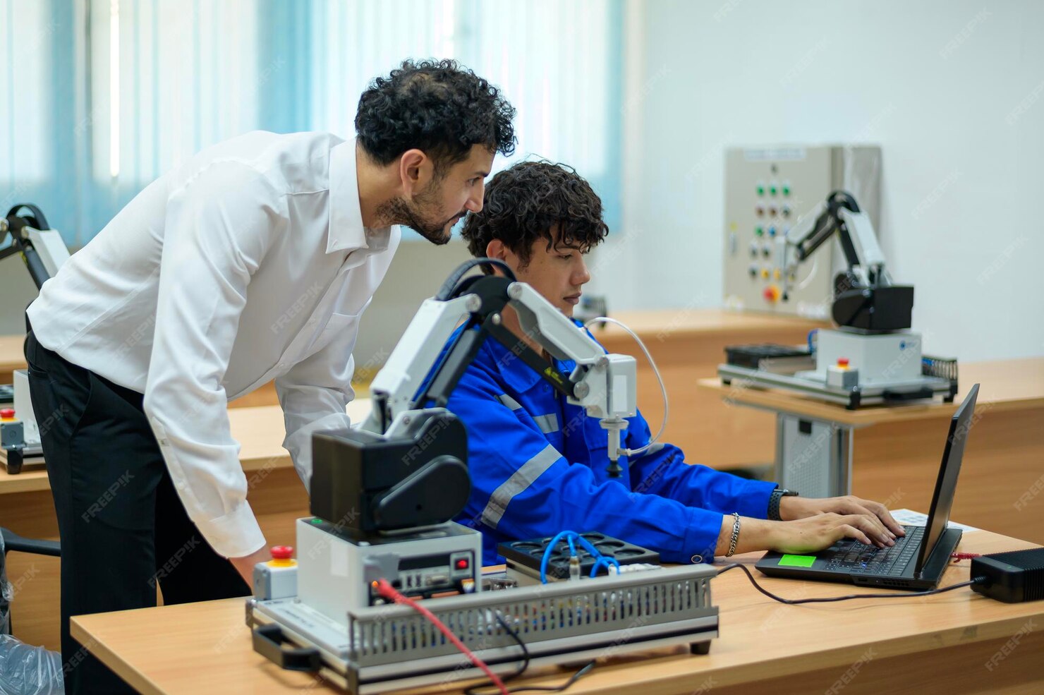 Premium Photo | Trainee Robotics engineer learning with Programming and ...