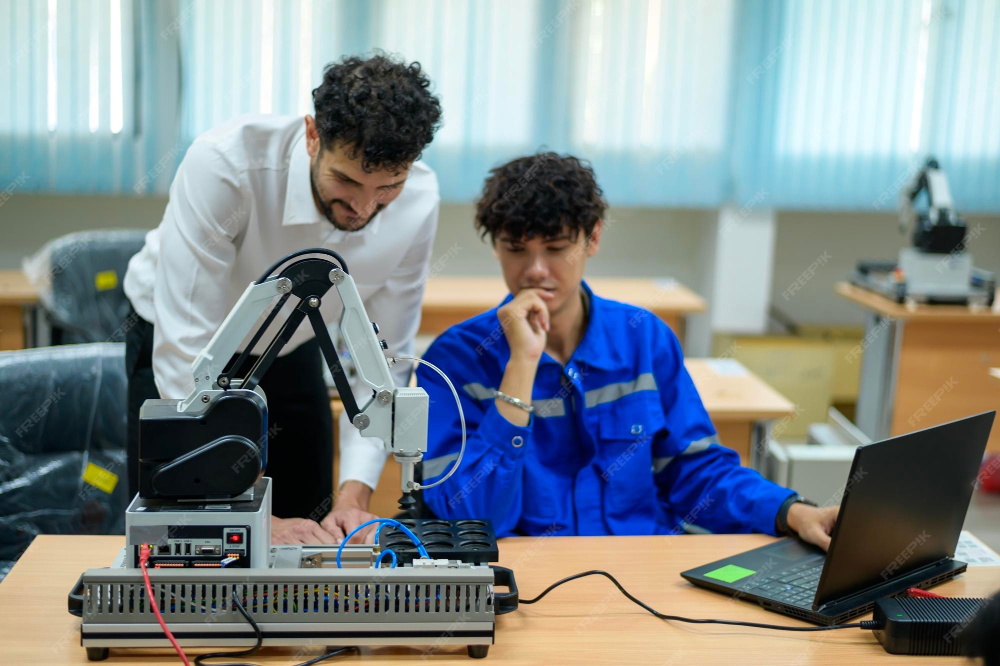 Premium Photo | Trainee Robotics engineer learning with Programming and ...