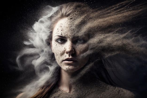 Premium AI Image | Transcendence Portrait of a Woman Transforming into Dust Premium AI Image | Transcendence Portrait of a Woman Transforming into Dust