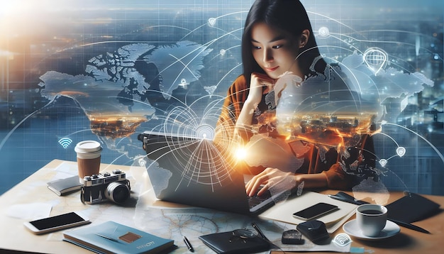 Traveler Connected with Laptop Digital Map and Hotspot Overlay ... Traveler Connected with Laptop Digital Map and Hotspot Overlay ...