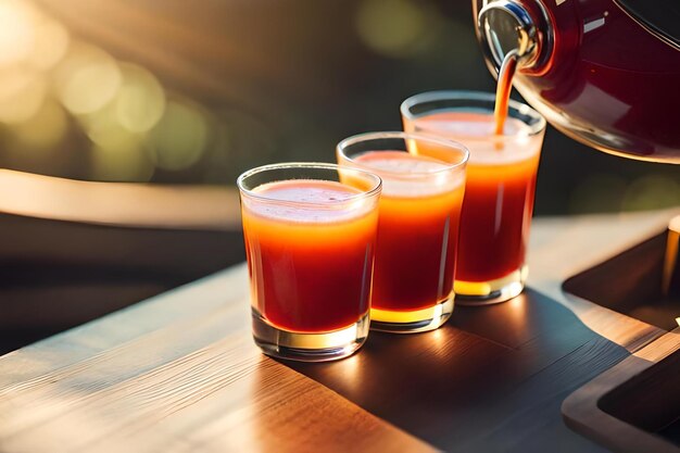 Premium Ai Image A Tray Of Glasses With Juice And A Straw In The Middle