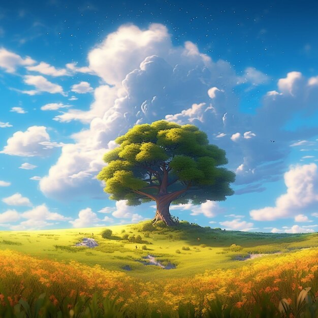 Premium AI Image | A tree in a field of flowers with a blue sky and clouds Premium AI Image | A tree in a field of flowers with a blue sky and clouds