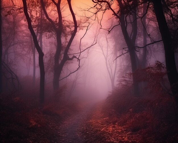 Premium Ai Image Trees In The Fog Are Silhouetted Against The Sunset In The Woods Generative Ai