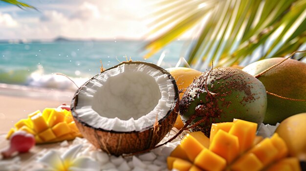 A tropical beach scene with a coconut cut in half revealing its fresh ... A tropical beach scene with a coconut cut in half revealing its fresh ...
