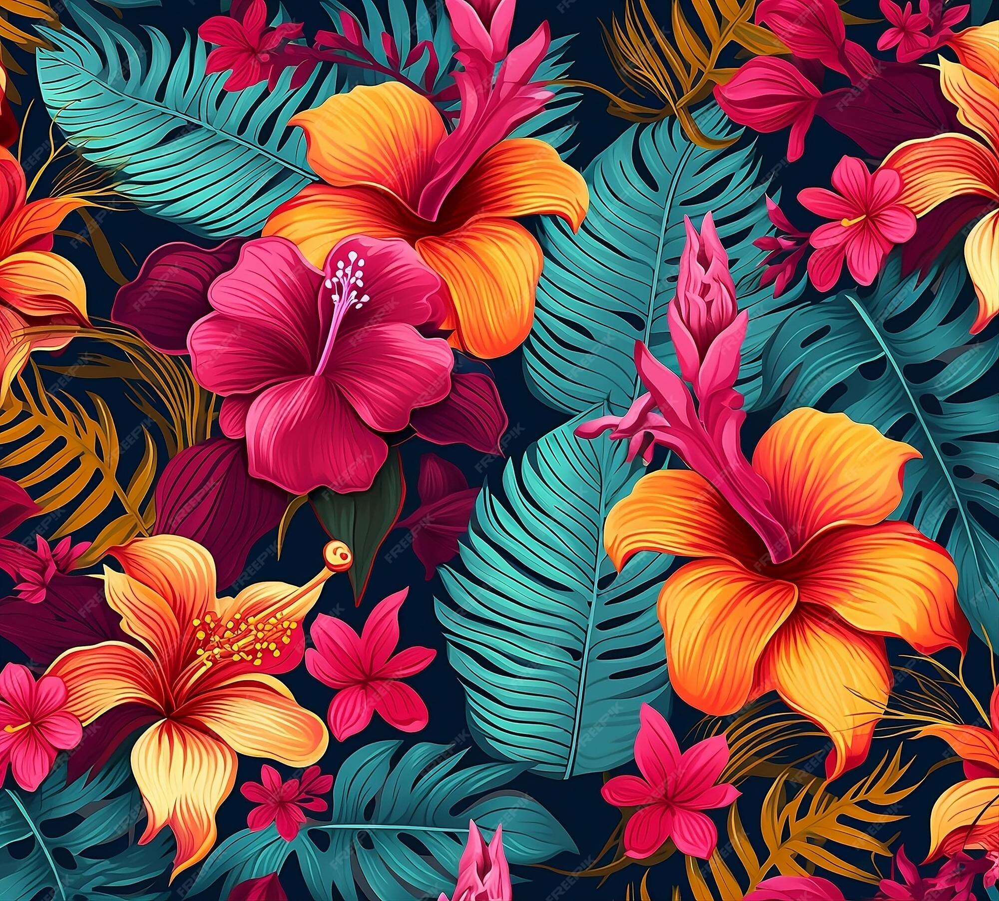 Premium Ai Image Tropical Flowers Seamless Pattern Background