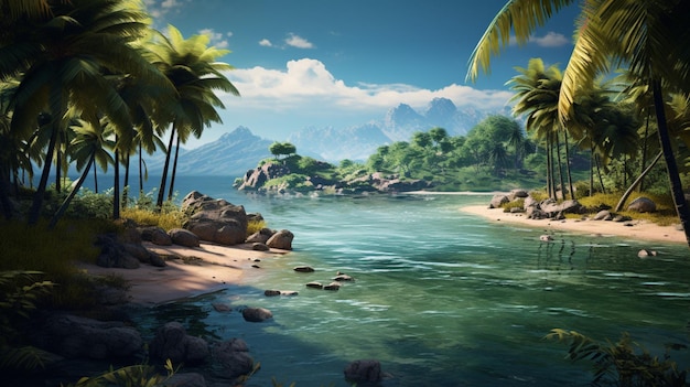 Premium AI Image | tropical palm tree sways by waters edge Premium AI Image | tropical palm tree sways by waters edge
