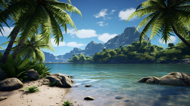 Premium AI Image | tropical palm tree sways by waters edge Premium AI Image | tropical palm tree sways by waters edge
