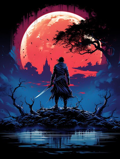 Premium Photo Tshirt Design Of Samurai With A Graceful Sword Drawing Pose Unsheathing A Kat 2d
