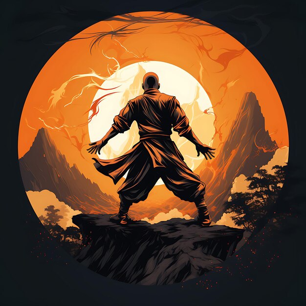 Premium Ai Image Tshirt Design Of Shaolin Monk In A Flying Kick Pose Focused Expression Vibran