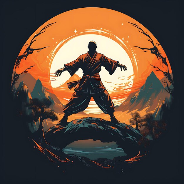 Premium Ai Image Tshirt Design Of Shaolin Monk In A Flying Kick Pose Focused Expression Vibran