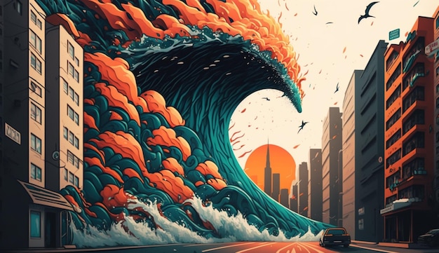 Premium AI Image | Tsunami with big wave going to hit a big city ... Premium AI Image | Tsunami with big wave going to hit a big city ...