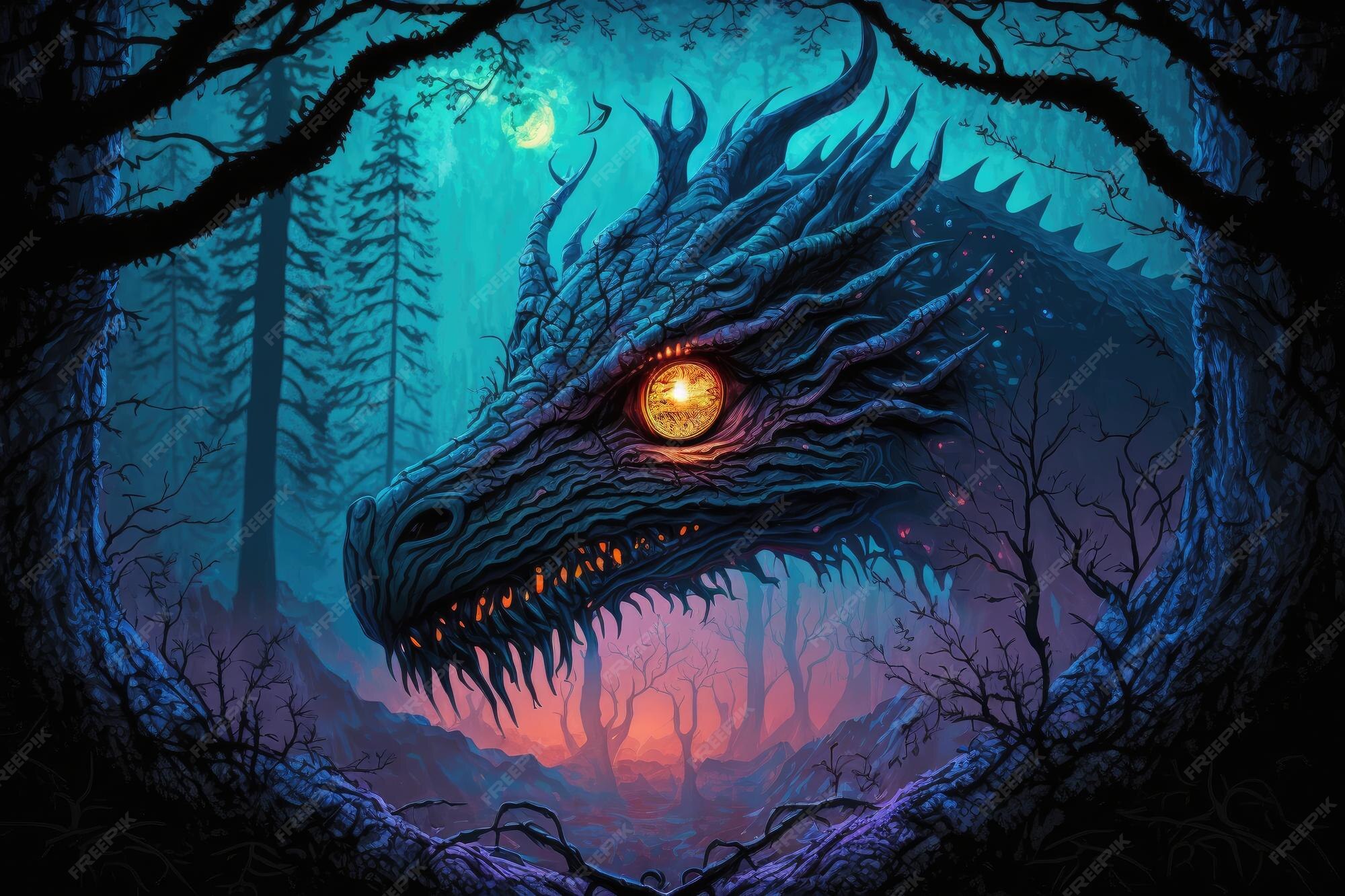 Premium Photo Twilight Mystical Forest With Flaming Eyes Of Huge Forest Dragon Created With