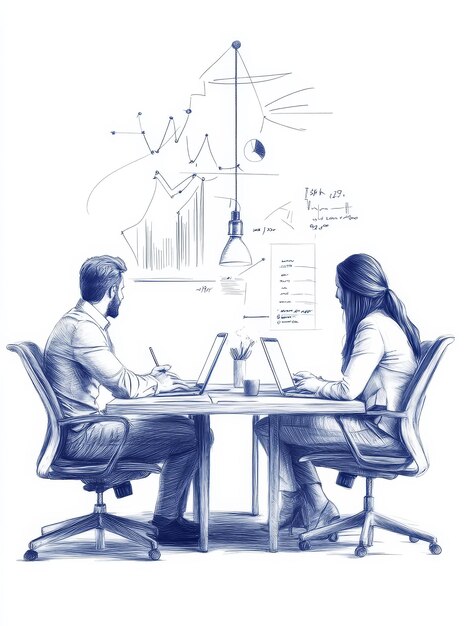 Two business professionals collaborate at a desk brainstorming with ... Two business professionals collaborate at a desk brainstorming with ...