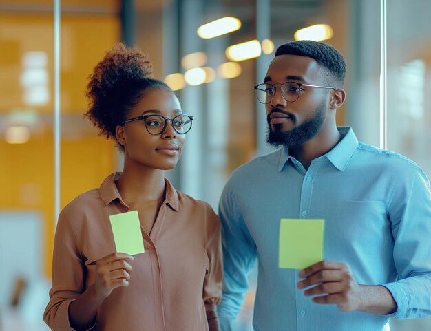 Two business professionals collaborate in a modern office setting with ... Two business professionals collaborate in a modern office setting with ...