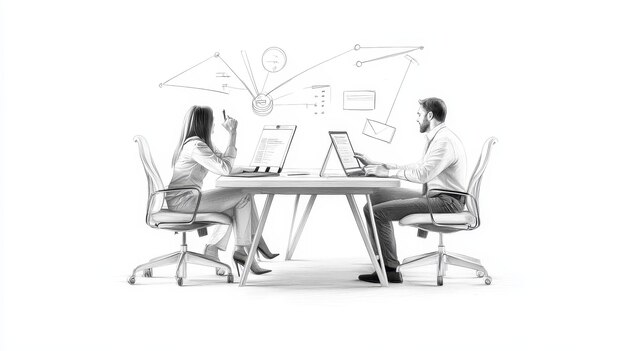 Two business professionals collaborate on a project working on laptops ... Two business professionals collaborate on a project working on laptops ...