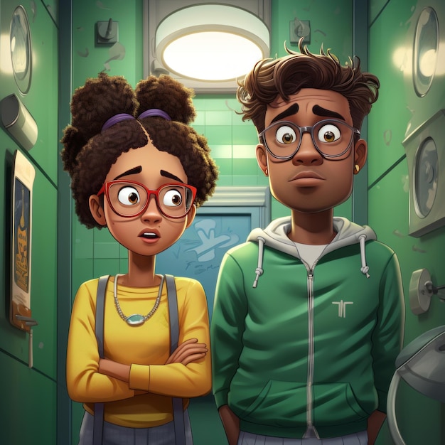 Premium Photo Two Cartoon Characters Are Standing Outside Of A Bathroom
