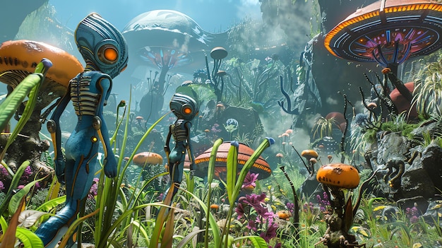 Premium Photo | Two cute cartoon aliens explore a lush alien planet ... Premium Photo | Two cute cartoon aliens explore a lush alien planet ...