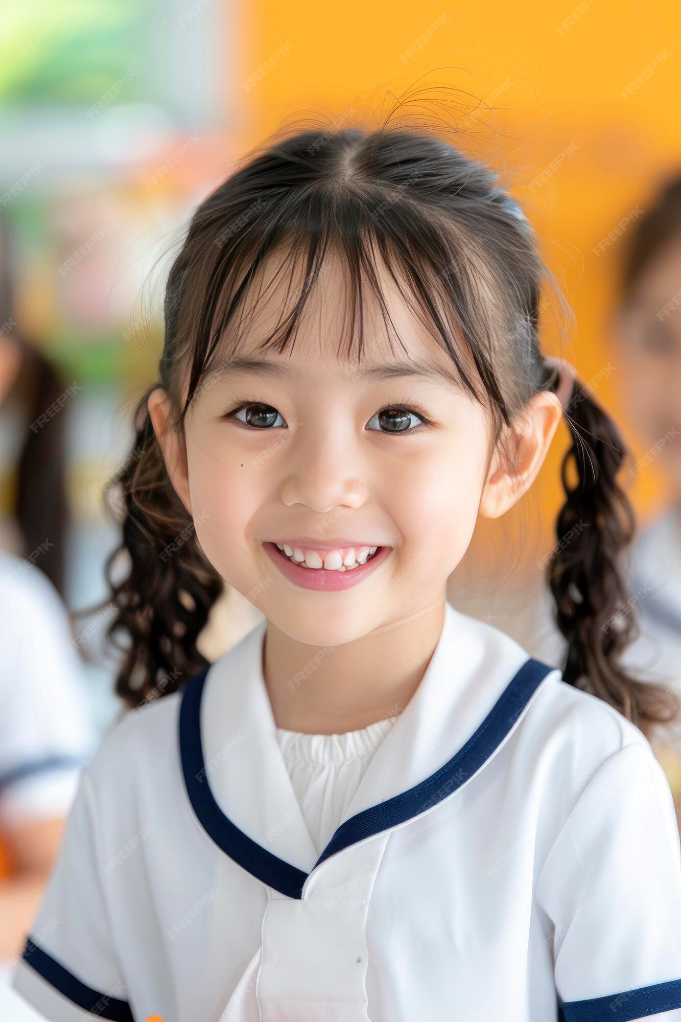 2人のかわいい日本の女の子が学校の食堂で一緒に笑って昼食を食べて 食事が彼らの前にある プレミアム写真