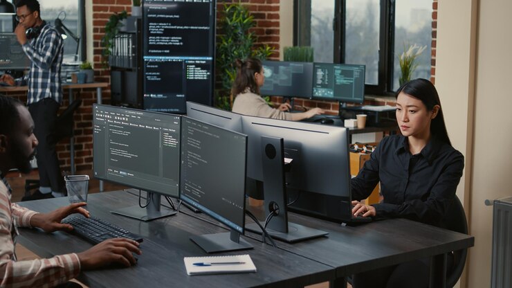Premium Photo | Two focused coders facing each other writing code in ...