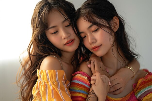 Two Girls Are Hugging And One Has A Tattoo On Her Right Arm Premium