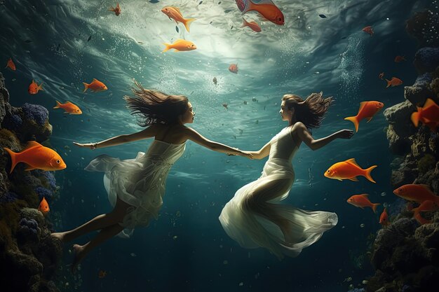 魚と魚と一緒に海で泳いでいる2人の女の子 ⁇ プレミアム写真
